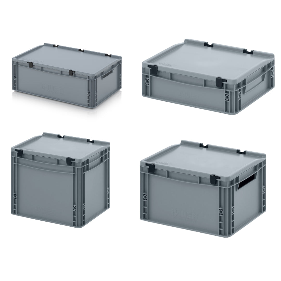 EURO STACKING CONTAINERS WITH LIDS ATTACHED - INTERGRAL LID EUROS